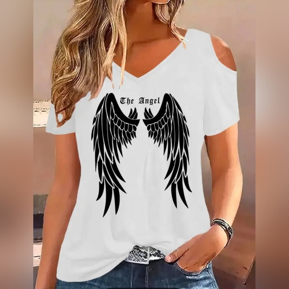 Angel | Tops | Cold Shoulder White Angel Wing Graphic Tank Top | Poshmark